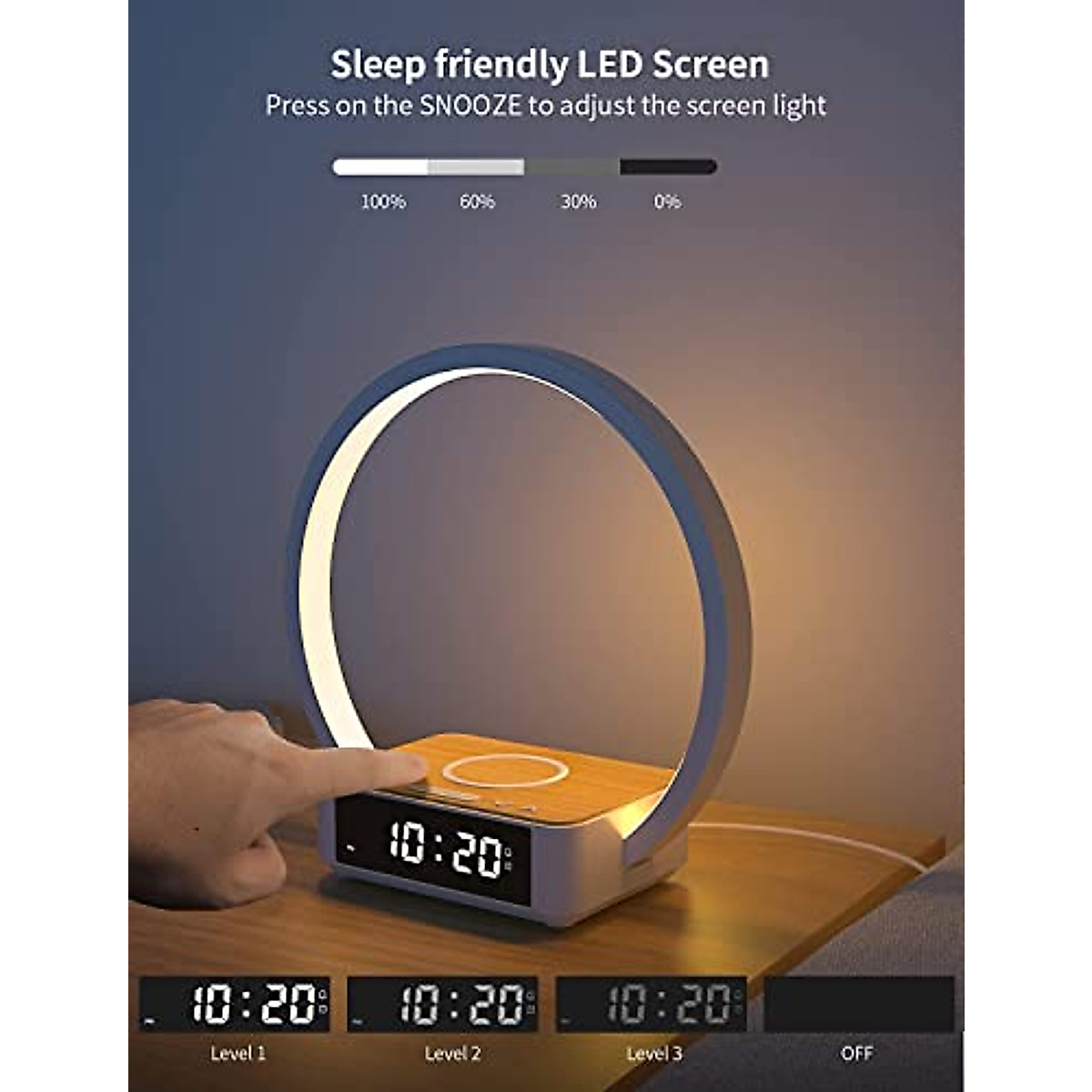 Amouhom Table Lamp, 18W Touch Lamp Alarm Clock with Wireless Charging Wake-Up Light, Digital Sonic 10W Max Qi Charger Nightstand Reading Lamps for Bedside, Reading, Home, Office