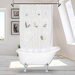 N&Y HOME Waterproof Fabric Shower Curtain or Liner with 9 Mesh Pockets - White, 71x72 Inches