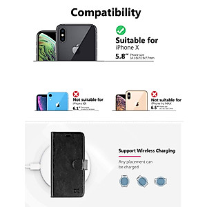 OCASE iPhone X Wallet Case, iPhone 10 Case [ Wireless Charging ] [ Card Slot ] [ Kickstand ] Leather Flip Wallet Phone Cover Compatible with iPhone X/iPhone 10 - Black