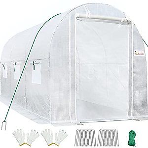 KING BIRD Upgraded 10x6.6x6.6FT Large Walk-in Greenhouse Heavy Duty Galvanized Steel Frame 2 Zippered Screen Doors 6 Screen Windows Tunnel Garden Plant Hot Green House 18 Stakes 4 Ropes 2 Gloves White