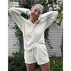 Ekouaer Womens Pajama Sets Waffle Knit Long Sleeve V Neck Off Shoulder Top and Shorts Lounge Pajama Set For Women Soft Comfy Waffle Knit Pj Sets B-black,Large