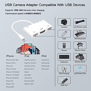 INVERSE NET HDMI Adapter for iPhone,USB to iPhone Adapter,SD Card Reader for iPhone,6 in 1 USB Camera Adapter,Support MIDI Keyboard, Mouse, HD TV/Projector/Monitor, No APP Needed