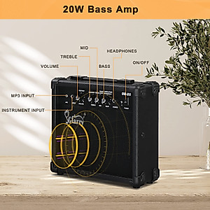 GLARRY Electric Bass Guitar 4 Strings Buring Fire Style Single Coil - Split Single Coil Pickups for Beginner Adults Right Hand w/ 20W Amp, Bag, Strap and Cord (Black)