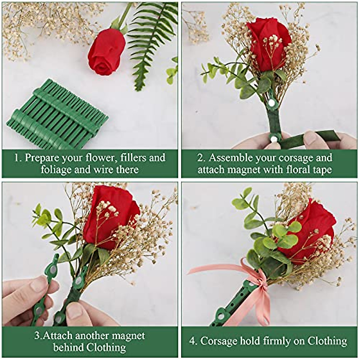 4 Pieces Elastic Pearl Wrist Bands Wristlets Corsage Accessories and 15 Pairs Floral Boutonniere Magnets Corsage Brooches Magnets with 2 Rolls Green Floral Tape for Handmade Wedding Bride Boutonnieres