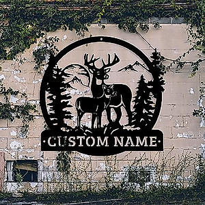 Lymnaraa Deer And Mountain Forest Metal Wall Art Custom Name Sign Outdoor Decor Deer Hunting Metal Wall Hanging Decor Personalized Gift for Family Friend Anniversary Wedding Gift