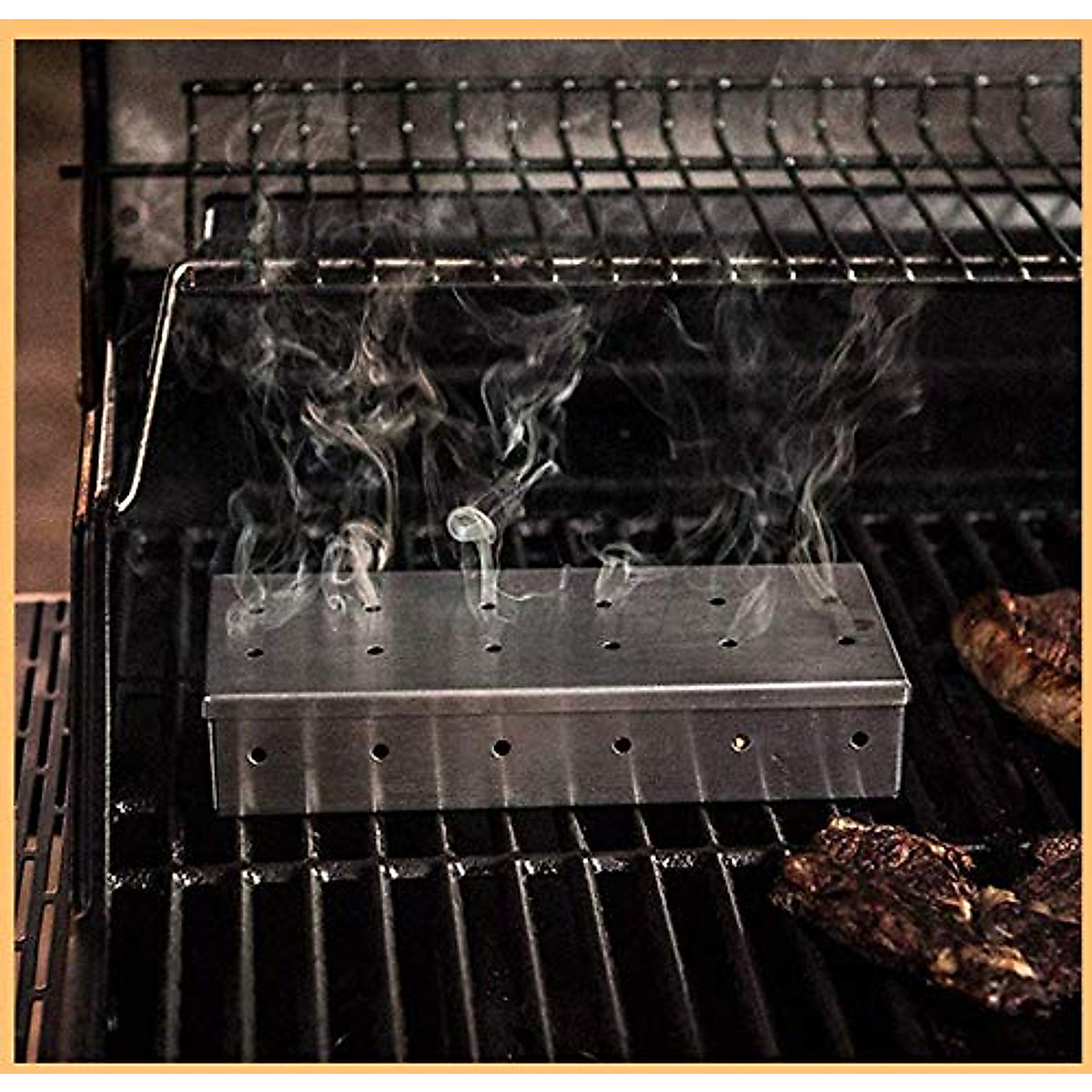 N/O Stainless Steel Wood Chip Box, Fengchen BBQ Grill Smoker Box Hinged Lid for Wood Chips BBQ Smoky Flavor Food on Gas Grill, Charcoal Grills | Warp Free Grilling Accessory