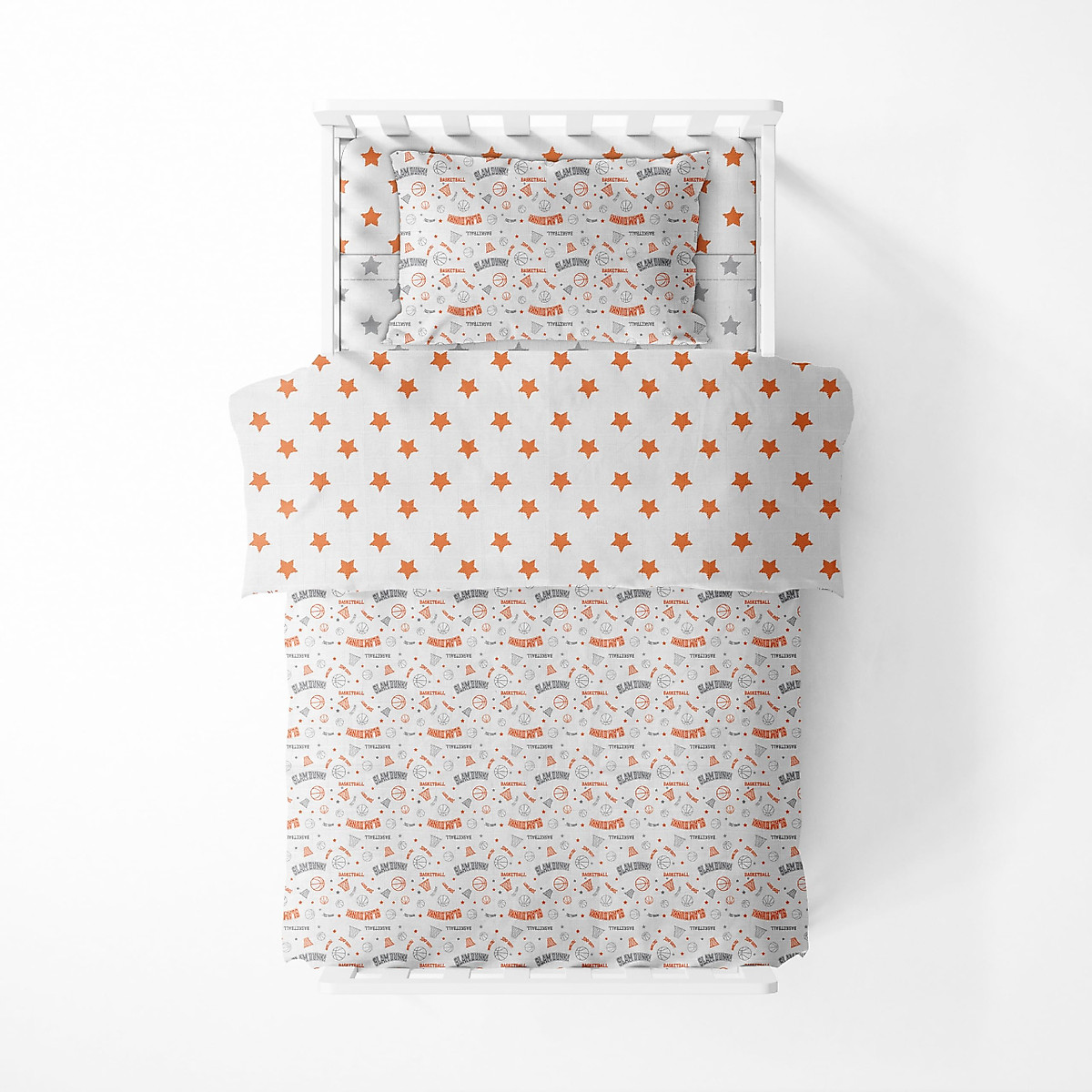 Bacati - Muslin 4 Piece Boys Toddler Bedding Set 100 Percent Cotton Includes Reversible Comforter, Fitted Sheet, Flat Sheet, and Pillow Case (Basketball Orange/Grey)