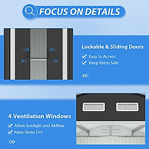 JAXPETY 8x12 FT Outdoor Storage Large Shed, Galvanized Metal Shed for Garden Patio Lawn Backyard, Garden House with Lockable Double Doors and Four Vents, Gray