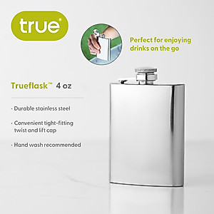 TRUE Stainless Steel Metal Men and Women Drinking Flasks for Vodka Whiskey Tequila Rum Cocktails, Travel, Backpacking, 4 oz, Set of 1, Silver