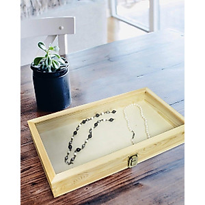 Novel Box Jewelry Display Case Wood 14.75x8.25x2.1 Large Glass Jewelry Box with Lid - Display Cases for Collectibles - Rock Collection Box with Metal Clasp - Gem Display Case