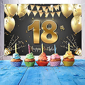 HAMIGAR 6x4ft Happy 18th Birthday Banner Backdrop - 18 Years Old Birthday Decorations Party Supplies for Girls Boys - Black Gold