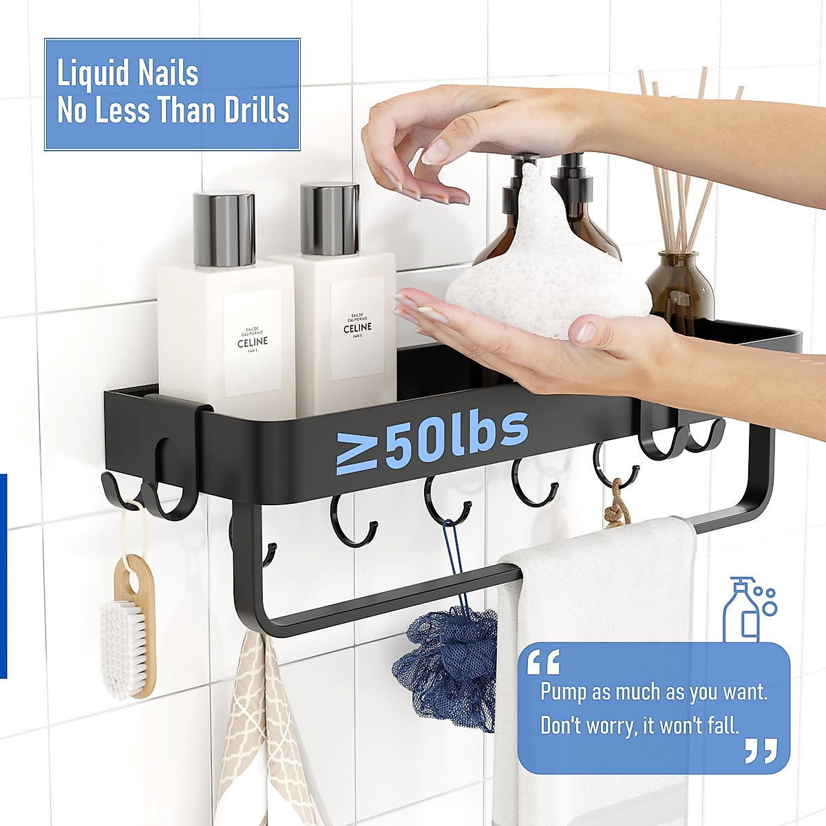 Big Lighting Deals Shower Caddy With Hooks And Towel Bar, Self Adhesive Shower Shelves For Bathroom Wall, Rust Proof Shower Shelf For Inside Shower, Shower Organizer, Black, No Drill, 2 Pack