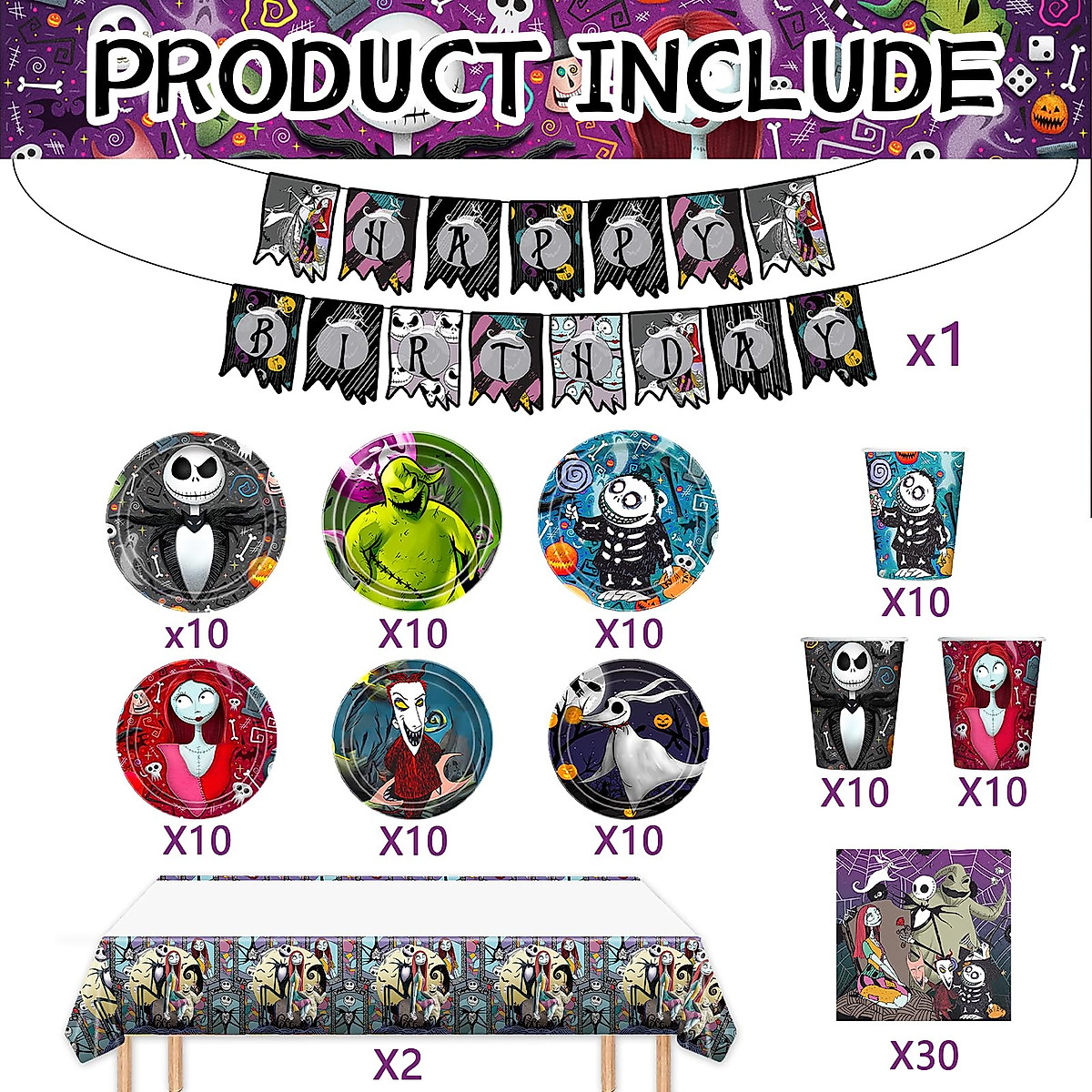 Nightmare Party Supplies 123Pcs Nightmare Tableware Included Banner,Cups,Plates,Napkins,Tablecloth for Nightmare Halloween Party Decoration Supplies