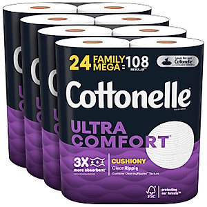 Cottonelle Ultra Comfort Toilet Paper with Cushiony CleaningRipples, 2- Ply, 24 Family Mega Rolls (4 Packs of 6) (24 Family Mega Rolls= 108 Regular Rolls), 325 Sheets per Roll, Packaging May Vary