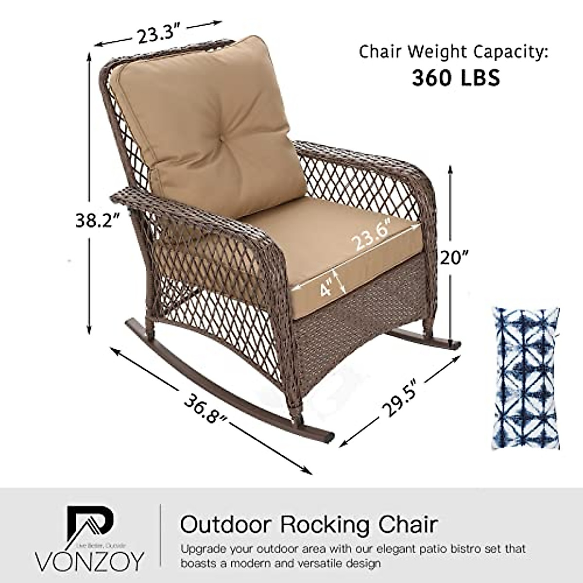 VONZOY Outdoor Rocking Chair, Wicker Patio Furniture with Thickened Cushions for Porch (Khaki)