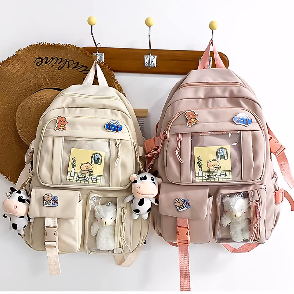 Thanps Kawaii Backpack with Cute Pin Accessories and Plush Pendant Cute Aesthetic Backpacks for School Bag Girl Backpack (Beige)