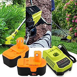 Amsbat 2-Pack 3600mAh Ni-Mh Replacement for Ryobi 18V Battery P100 P101 ABP1801 ABP1803 BPP-1813 BPP-1815 + P117 Replacement for Ryobi 18V Battery ONE+ Charger P117 P118 P119