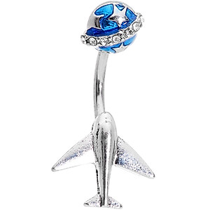 Body Candy Womens 14G Stainless Steel Navel Ring Piercing Blue World Traveler Airplane Belly Button Ring
