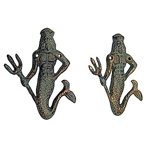 Green Cast Iron King Neptune Wall Hooks, Set of 2, 6.5 Inches