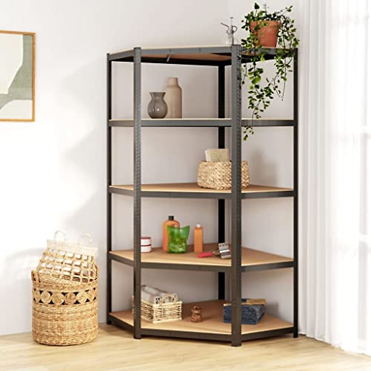 vidaXL 5-Layer Corner Shelf Industrial Shelving Warehouse Workshop Storage Corner Shelf Unit Rack Furniture Anthracite Steel and Engineered Wood