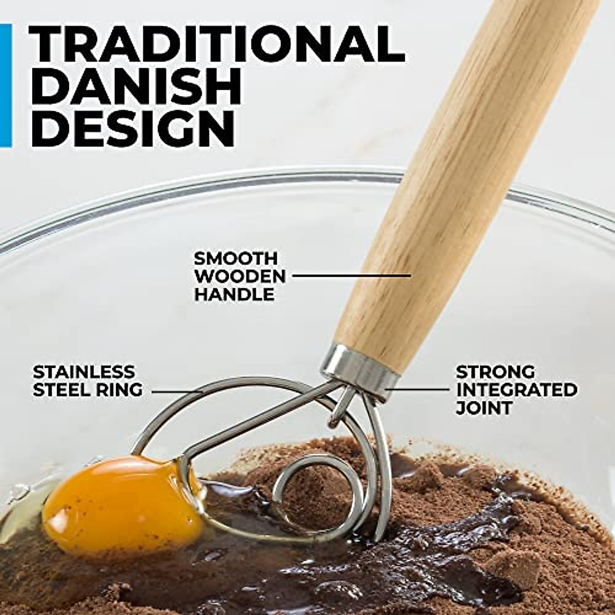 Zulay Kitchen 13 Inch Danish Dough Whisk - Large Wooden Danish Whisk For Dough With Stainless Steel Ring - Traditional Dutch Whisk Baking Tool For Bread, Batter, Cake, Pastry