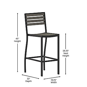 Flash Furniture Lark Commercial Grade Bar Height Stool, All-Weather Outdoor Bar Stool with Faux Wood Poly Resin Slats and Aluminum Frame, Gray Wash