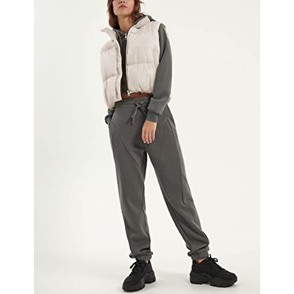 EsheSy Women's Cropped Puffer Vest Stand Collar Full Zip Sleeveless Warm Padded Jacket(Beige-L)