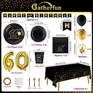 Gatherfun 60th Birthday Party Supplies Disposable Paper Plates Napkins Cups Knives Spoons Forks Tablecloth Banner Number 60 Balloons for Men Woman Black and Gold 60 Birthday Party Decorations Serve 25