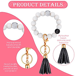 Hicarer 3 Pieces Silicone Key Ring Bracelet Elastic Beaded Keychain Wristlet with Faux Leather Tassel Car Key Ring Holder (Black, White, Navy Blue)