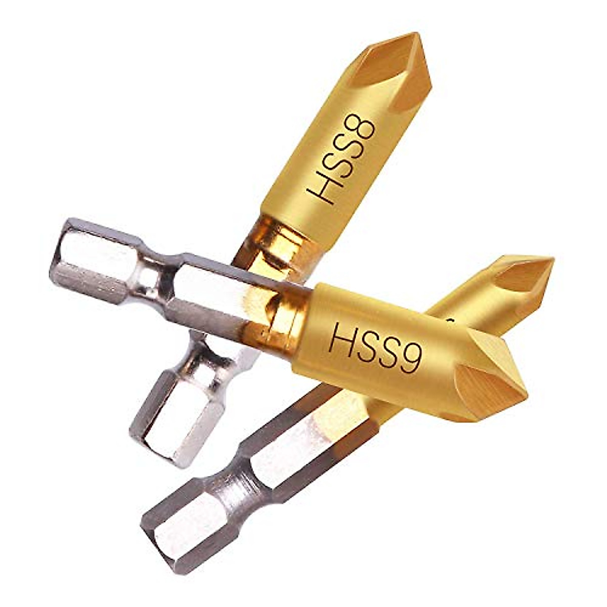 Countersink Drill Bit Set 3 Pcs 1/4'' Hex Shank High Carbon Steel 5 Flute Countersink 90 Degree Center Punch Tool Sets for Wood Quick Change Bits 6mm 8mm 9mm