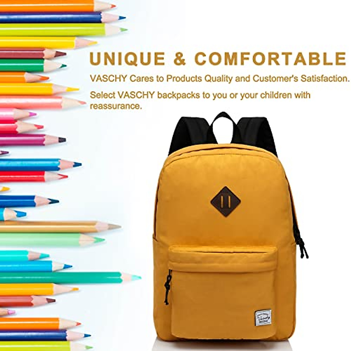 VASCHY Lightweight Backpack for School, Classic Basic Water Resistant Casual Day-pack for Travel with Bottle Side Pockets (Gold)