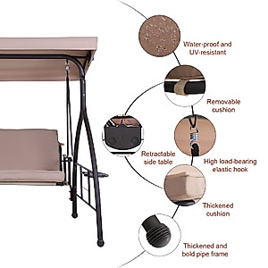 PHI VILLA 3-Seat Porch Swing with Canopy,Outdoor Swing with Retractable Side Table and Removable Cushion,Patio Swing Chair/Bench for Porch, Garden, Poolside, Balcony&Backyard,Alloy Steel Frame,Brown