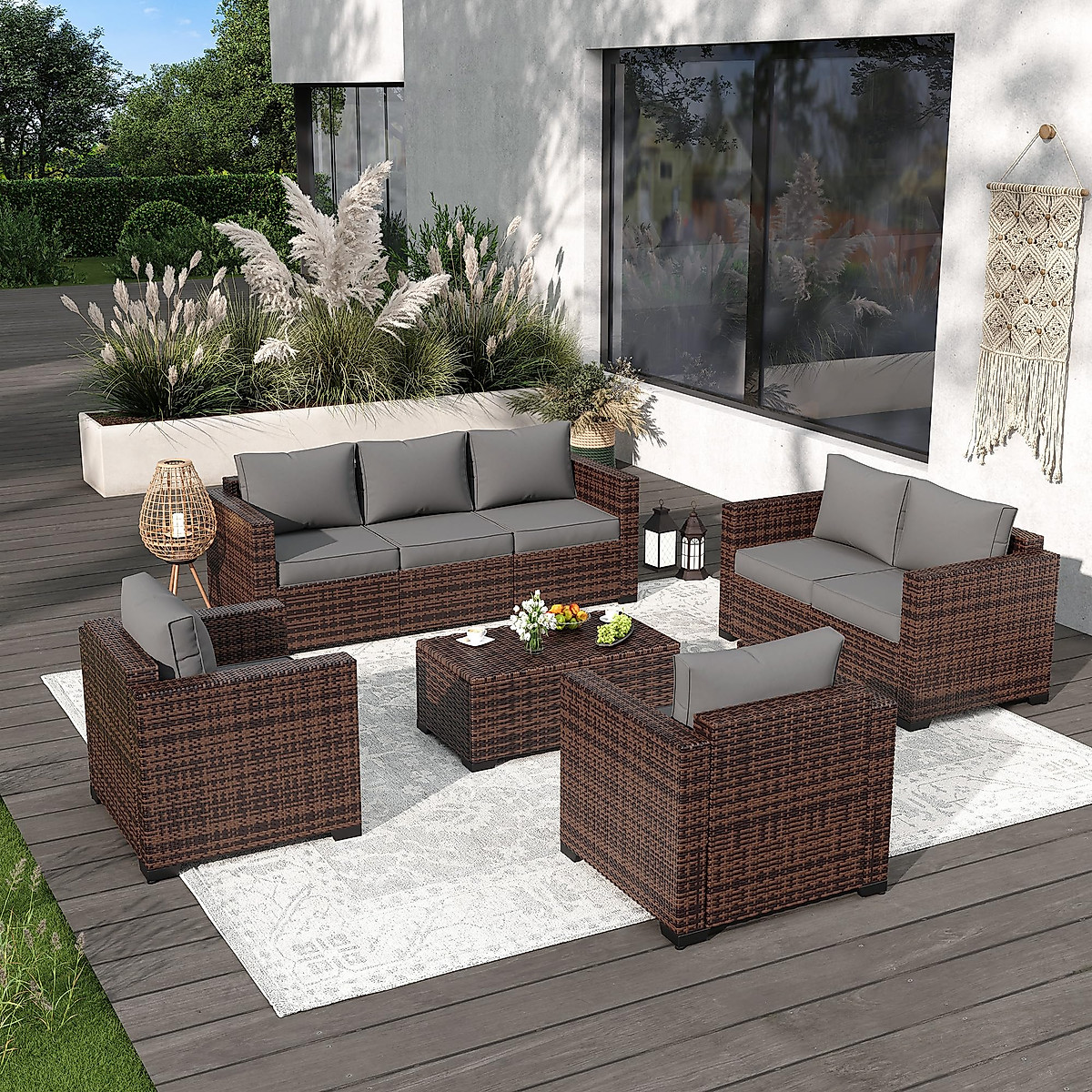 Amopatio Outdoor Patio Furniture Sets, 8 Pieces Outdoor Wicker Patio-Furniture, Outdoor Sectional Patio Set with Storage Table, Patio Conversation Set for Proch Garden Deck (Grey)