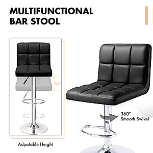 KaiMeng Bar Stools Modern Square Counter Height Barstool 22" to 33" PU Leather Swivel Adjustable Stool with Back Set of 2 for Kitchen Dining (Black)