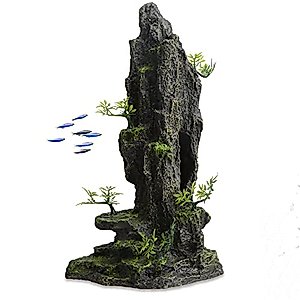 Saim Tall Mountain View Stone Aquarium Ornament Artificial Mountain Hill View Stone Rock Cave Fish Hiding Cave for Betta Fish Amano Shrimp Cichlid to Play,Hide and Rest - A