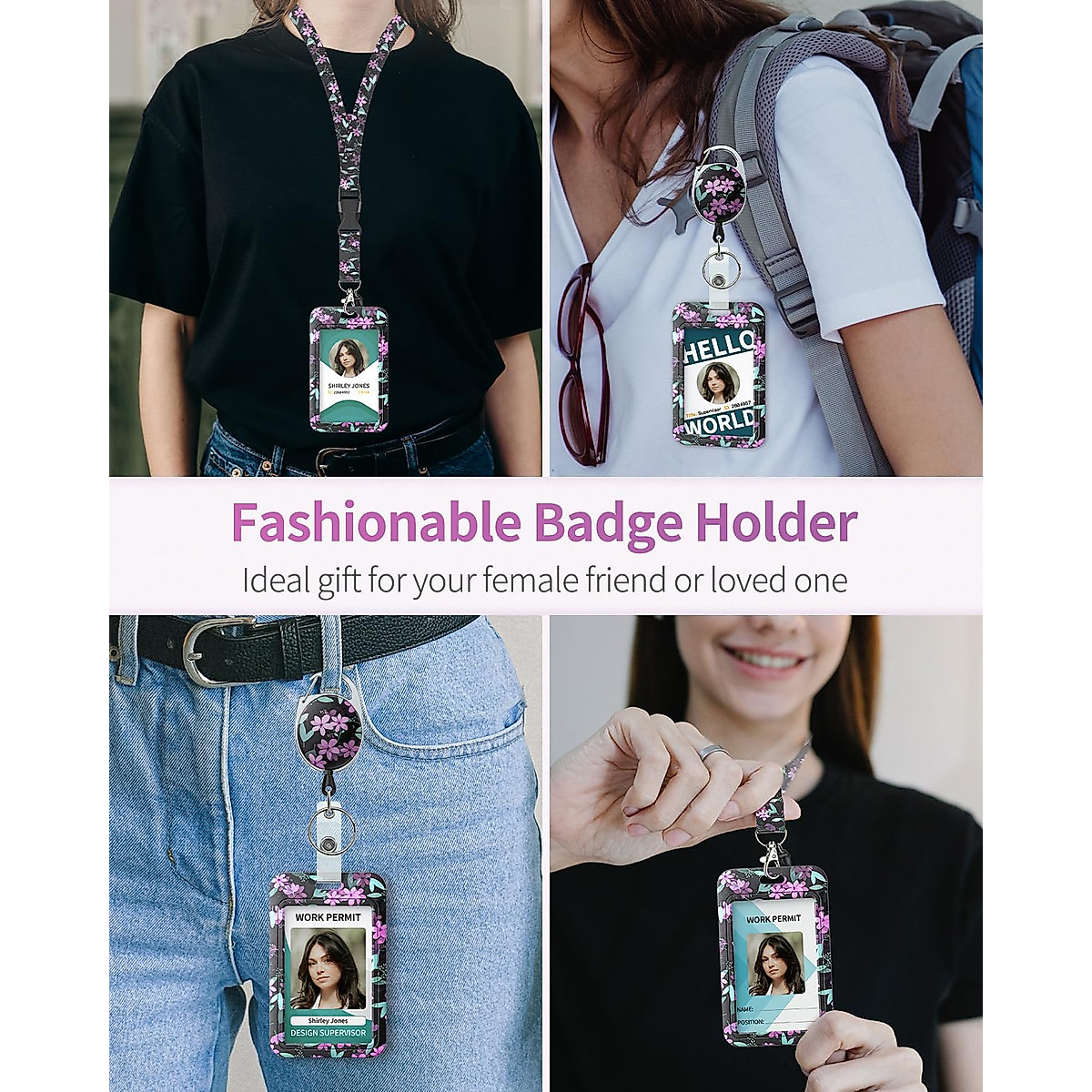 Uniclife Floral Sliding Badge Holder Purple Flower Plastic Case with Retractable Badge Reel Carabiner Clip & Detachable Lanyard Strap Fashionable Vertical Card Protector for Women Teacher Student