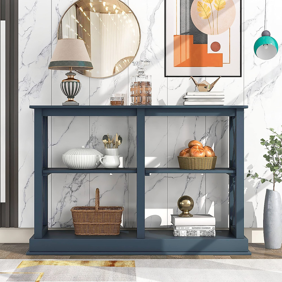LUMISOL Narrow Industrial Console Table with 3 Tier Shelves, Entryway Table with X-Shape-Design Bookshelf, Sofa Table with Storage for Entryway, Navy Blue