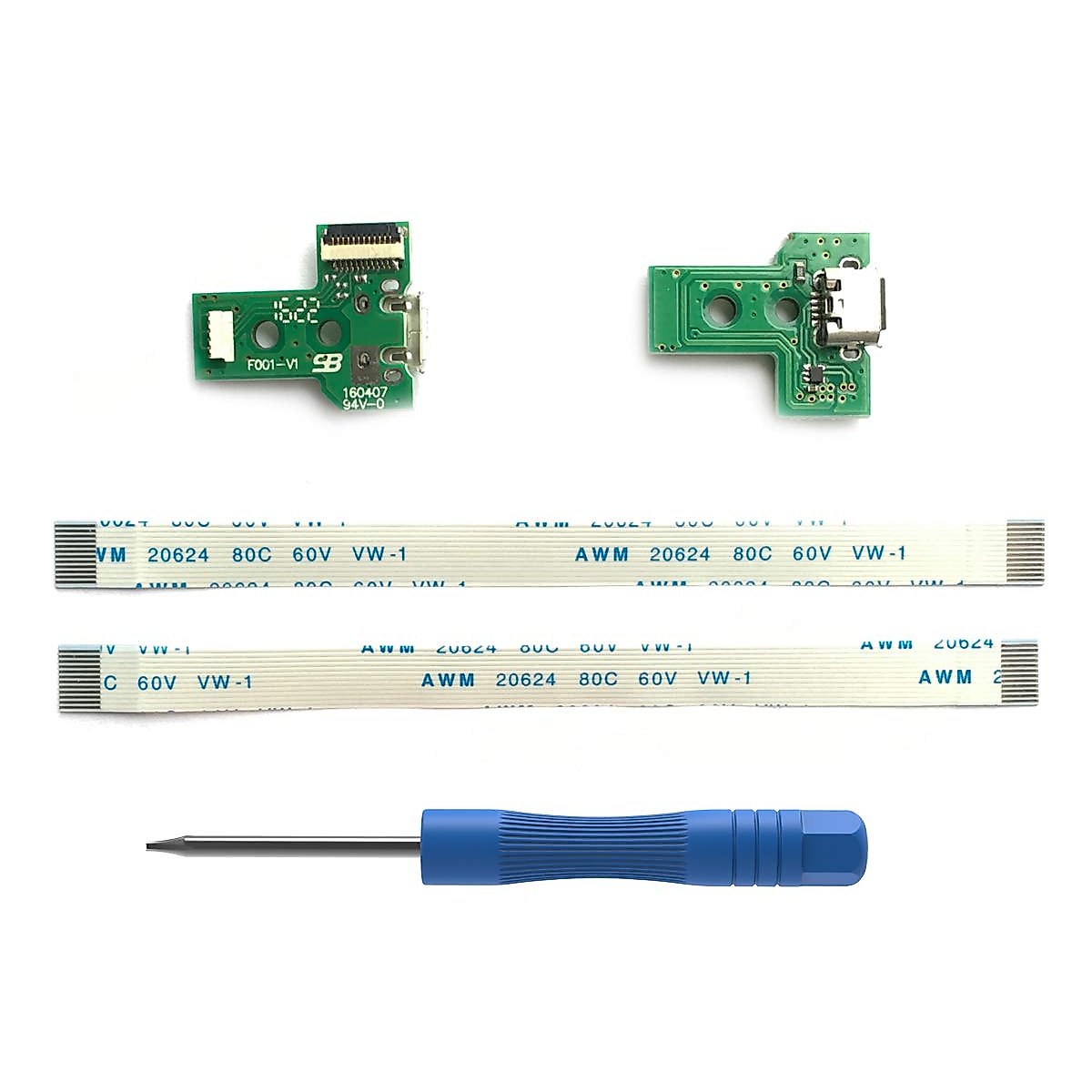 2PCs JDS-030 Replacement Charging Port Assembly for PS4 DualShock 4, Repair Part Micro USB Adaptor Charger Socket Board Connector Module for PlayStation DS4 Controller, Flex Cable, Tool Screwdriver