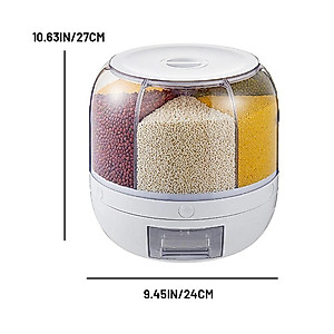 SFNTION Dry Grain & Rice Storage Container - 12L Separate Rice Bucket Cereal Dispenser for Pantry and Kitchen Countertop 6 Grid Rotating Food Grain Organizer Box Automatic Output Food