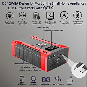 Gehopow 12V / 2000A Car Battery Jump Starter with Air Compressor for 8.0L Gas / 5.0L Diesel, Car Jump Box Battery Booster with 150PSI Tire Inflator with QC3.0 / DC12V / Compass/LED Light