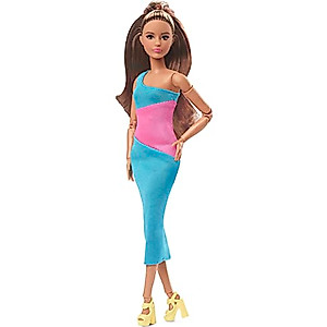 Barbie Looks Doll with Brown Hair Dressed in One-Shoulder Pink and Blue Midi Dress, Posable Made to Move Body Small