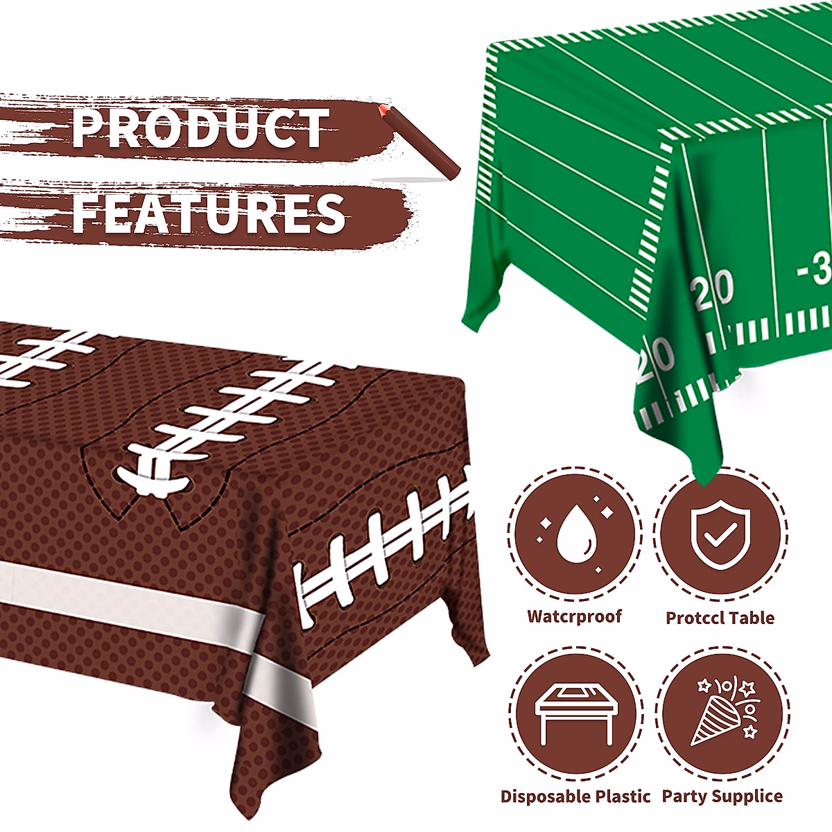 SJJPDYY Football Party Decorations Disposable Tablecloth Plastic Touchdown Table Cover Perfect for Super Bowl Football Birthday Party Decorations and Gameday Tailgate Decorations 54 X 108Inch, 2 Pack