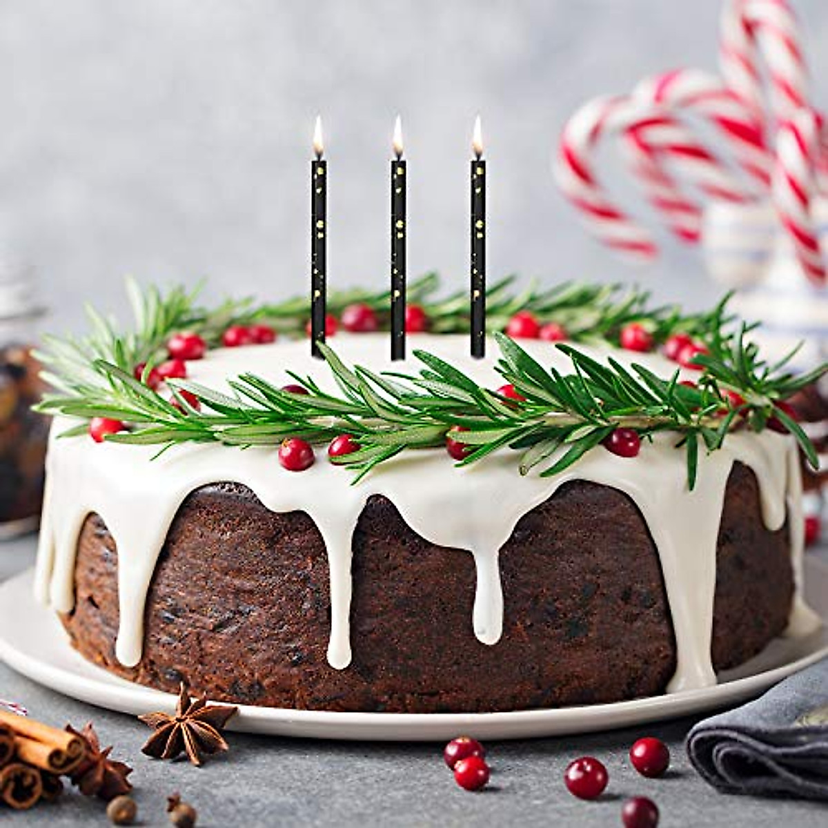 Nuanchu 12 Pieces Birthday Cake Candles Long Thin Holiday Candles for Wedding Birthday Anniversary Graduation Retirement Party Festivals Cake Decorations (Black and Gold)