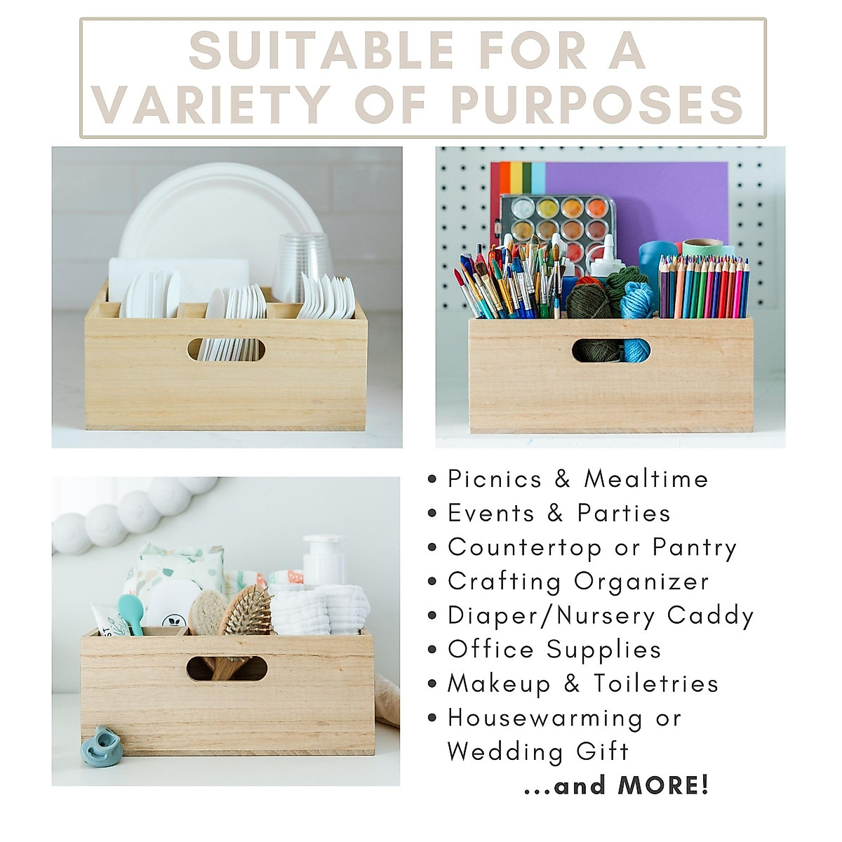 Large Wooden Silverware Caddy For Party, Holds Plates, Napkins, Cups, Forks, Spoons, and Knives, Utensil Holder for Party, Hosting Essentials, Cutlery Holder for Party, Flatware Caddy, Utensil Caddy