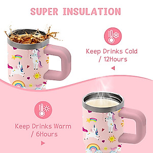 14 oz Unicorn Tumbler with Handle and Straw for Kids, Insulated Stainless Steel Travel Mug for Toddlers, Vacuum Leak Proof Tumbler with Lid, Christmas Birthday Gifts for Girls Unicorn Mug