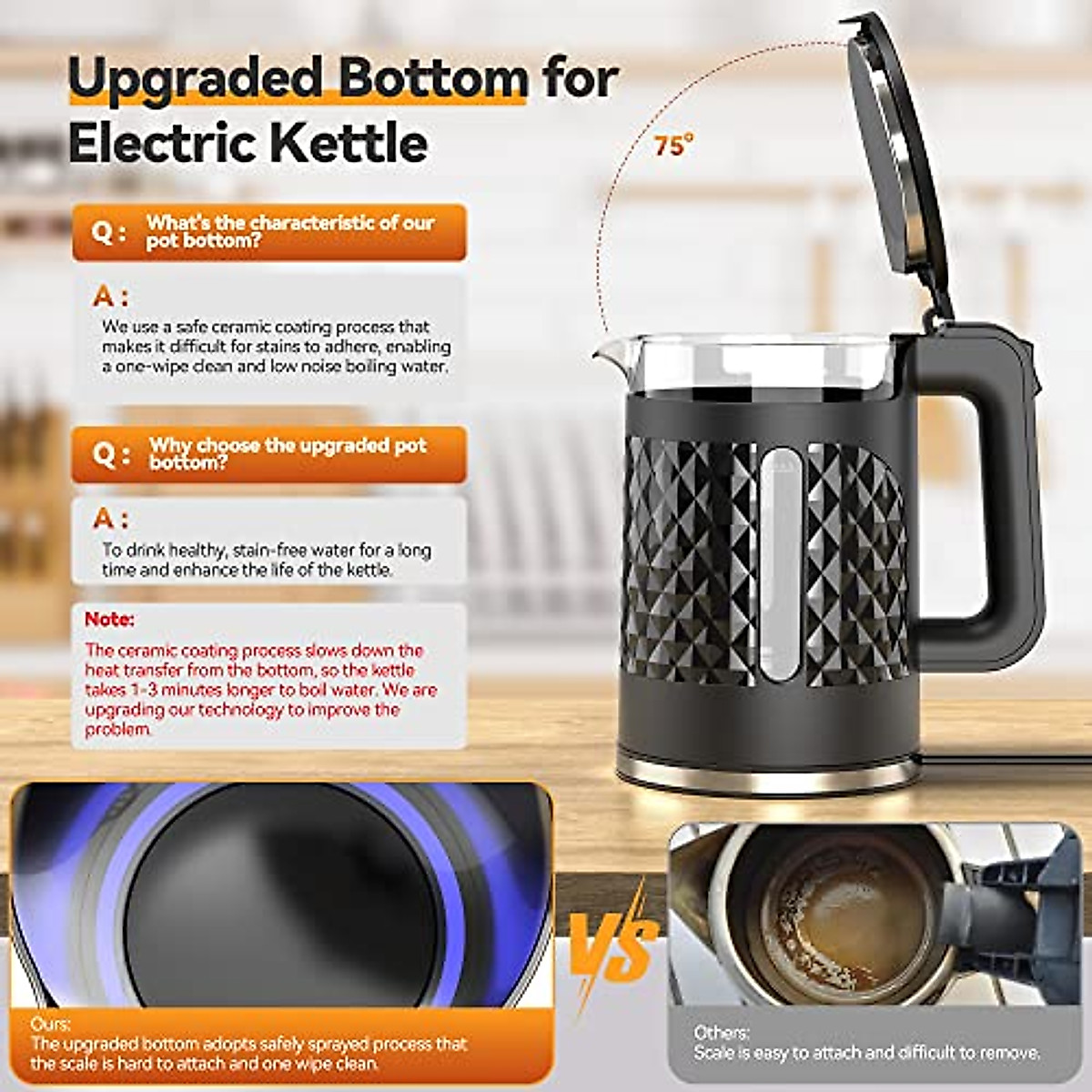 Electric Kettle, 1.7L Hot Water Kettles Upgraded One Wipe Clean Bottom, Quiet Water Boiler with LED Indicator, Glass Tea Kettles for Boiling Water, Auto Shut-Off & Boil-Dry Protection, Black