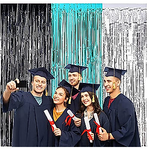 Graduation Decorations 2023 Turquoise Black Silver Foil Fringe Curtains for 2023 Turquoise Graduation Party Photo Backdrop/Women Birthday Decorations