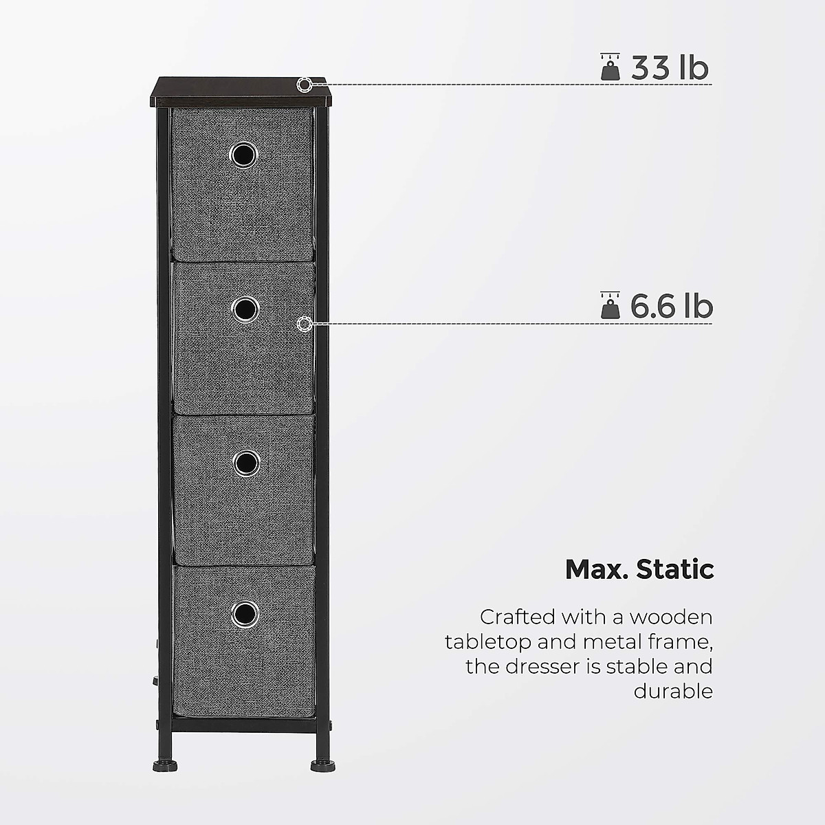 SONGMICS Narrow Dresser with 4 Fabric Drawers Vertical Slim Storage Tower Unit, 7.9",Grey