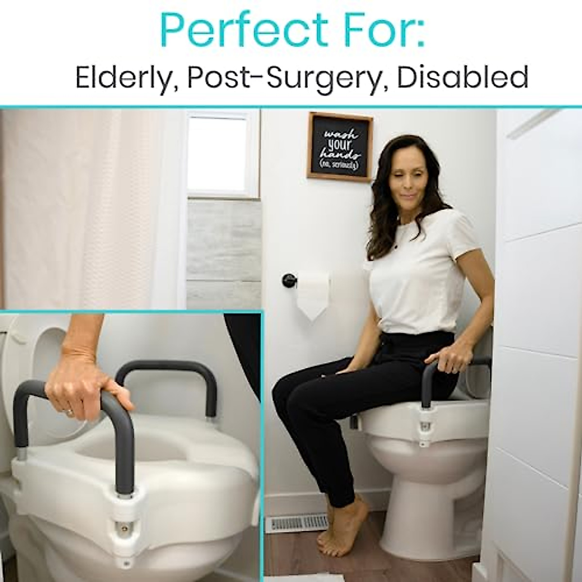 Vive Raised Toilet Seat - 5" Portable, Elevated Riser with Padded Handles - Elongated and Standard Fit Commode Lifter - Bathroom Safety Extender Assists Disabled, Elderly, Seniors, Handicapped (1)