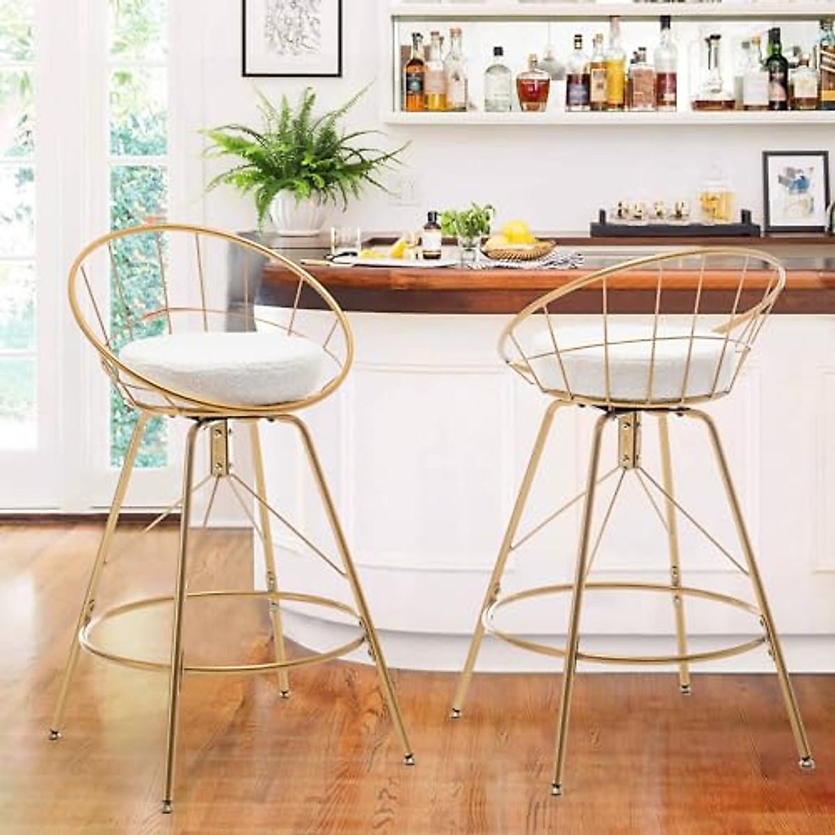 Aklaus 26" Sherpa Boucle Bar Stools Set of 2 Swivel Counter Height Bar Stools with Round Seat,Gold Bar Stools with Backs,Modern Teddy White Barstools,Kitchen Island Dining Bar Stools Chairs